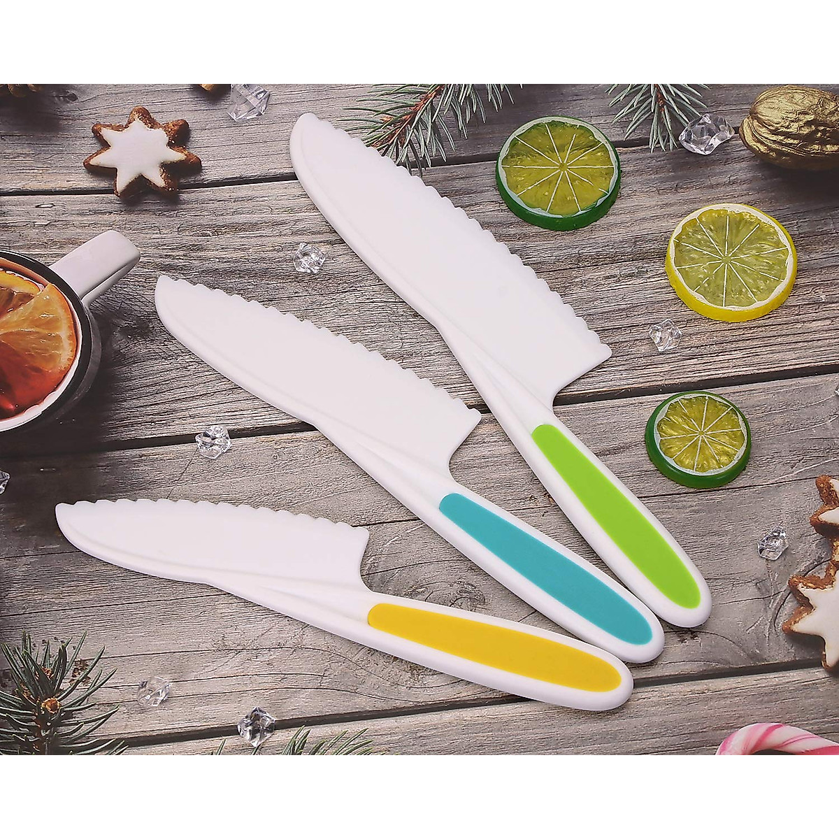 PENTA ANGEL Plastic Kitchen Knife 3Pcs Nylon Safety Cooking Baking Knives for Cutting Fruit Lettuce Salad Vegetable Cake Bread(Mixed Color)