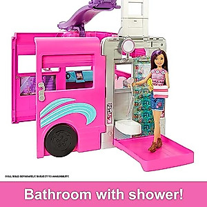 Barbie Camper Playset, Dreamcamper Toy Vehicle with 60 Accessories Including Furniture, Pool and 30-Inch Slide