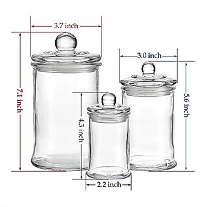 KMwares 3PCs Set Small Mini Clear Glass Premium Quality Apothecary Jars with lids Bathroom Accessories Set for Bathroom Laundry Room Storage or Kitchen / Vanity Organizer Canisters for Cotton Balls / Swabs, Makeup Sponges, Bath Salts, Q-Tips (Clear)