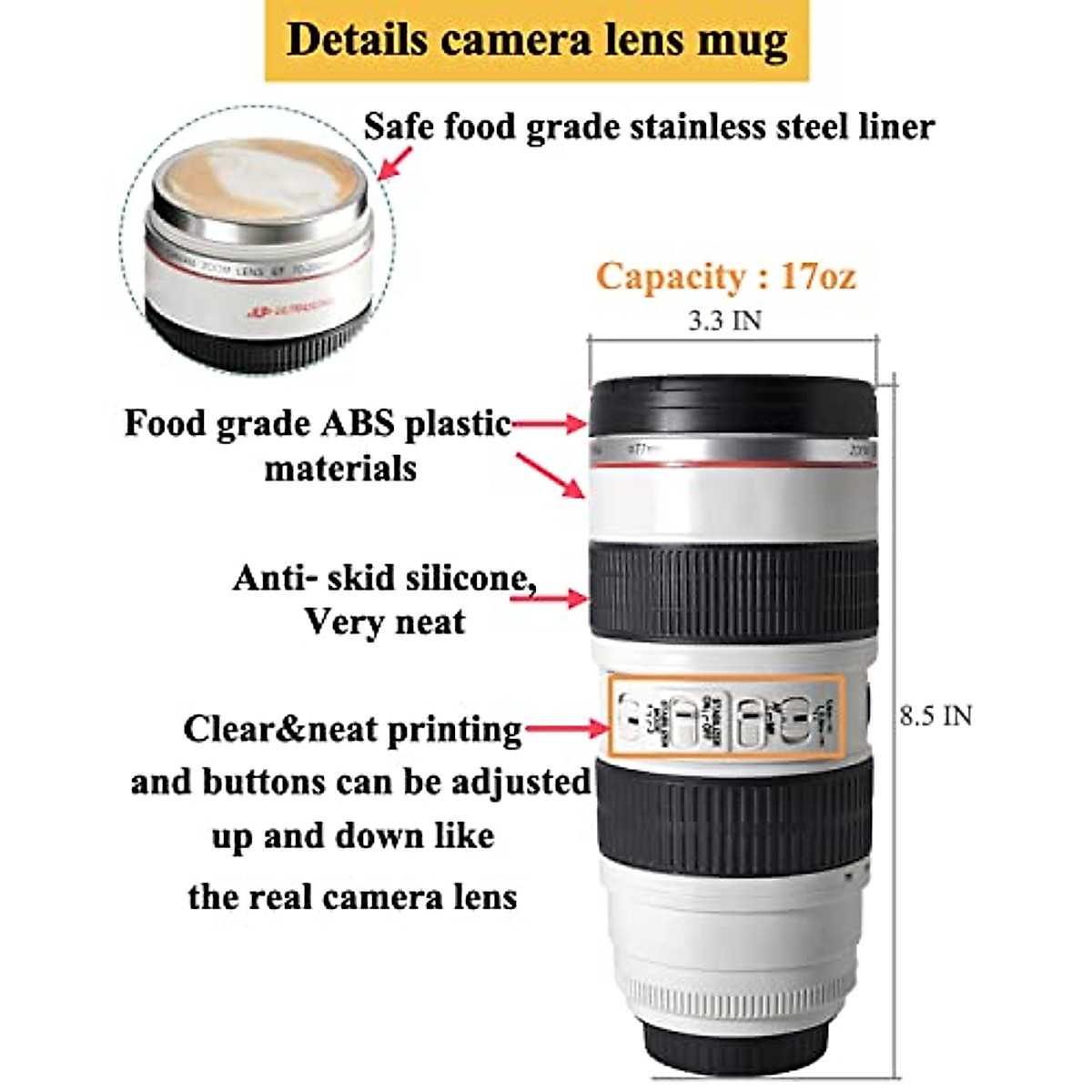 THUMB UP Camera Lens Coffee Mug,Camera Lens Mug,Fun Photo Coffee Mugs Stainless Steel Lens Mug Thermos Great Gifts for Photographers,Home Supplies,Friends,School Rewards (White)