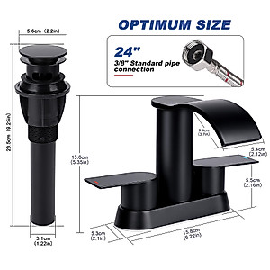 Bietor Waterfall Bathroom Faucets, Matte Black Bathroom Sink Faucet with Pop-up Drain & Supply Hoses, Stainless Steel Lead-Free 2 Handle Faucet for Vanity Sink 2 or 3 Holes