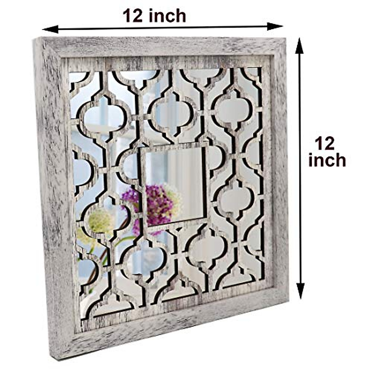 qmdecor Square Rustic Distressed White Framed Wall Decorative Mirror 12x12 inches Modern DIY Fashion MDF Wood Material Wall-Mounted Mirrors Set of 2 Pieces