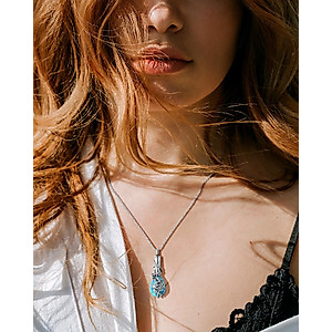 BDL Turquoise Necklace - Sterling Silver Rose Teardrop Naturl Turquoise Cylinder Pendant Necklace, Boho Necklace, Western Jewelry for Wife or Mom, 18"…