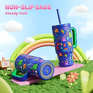 Meoky 24 oz Tumbler with Handle and Straw, 100% Leak-proof Tumbler with Lid and Straw, Insulated Stainless Steel Travel Coffee Mug, Keeps Cold for 24 Hours (Dinosaur & Flamingo)