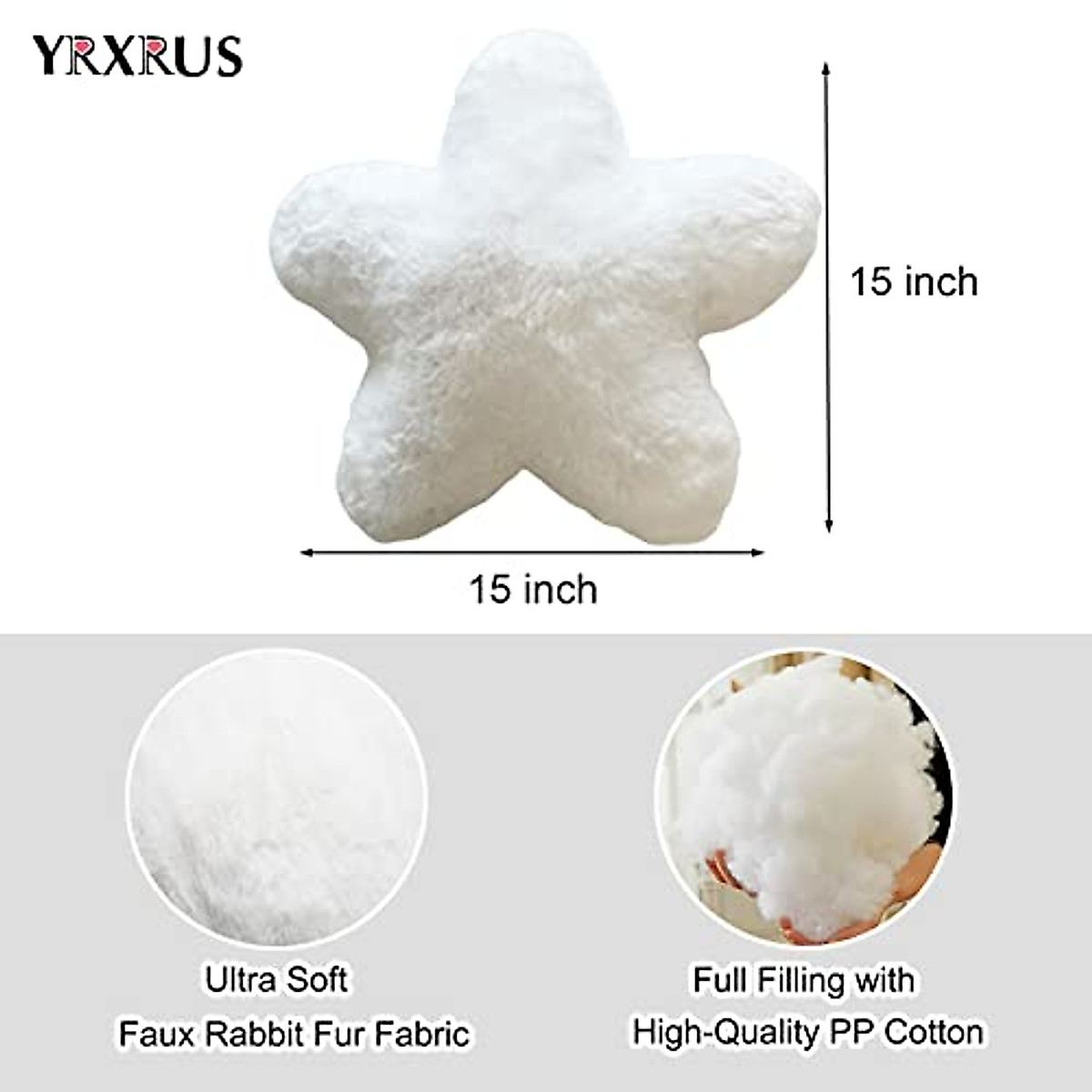 YRXRUS Star Pillows, White Star Shaped Pillow, Throw Pillow Gifts, Cute Christmas Room Decor, Fluffy Faux Rabbit Fur Pillow, 15x15 Inches Ultra Soft Pillow