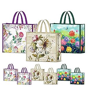 NymphFable 6 Pack Grocery Bags Reusable Peony Colorful Flowers Butterflies Shopping Bags Washable Foldable Tote Bag