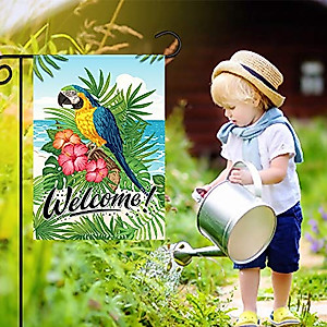 Parrot Garden Flag Parrot Yard Sign Beach Party Decorations Garden Decor Lawn Outdoor Decorations Yard Flags Welcome Tropical Rest Outdoor Ornament Double Side Welcome Summer House Flag Summer Garden Banner