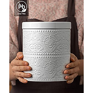 FUN ELEMENTS Kitchen Utensil Holder, 7.2" Super Large Utensil Crock Heavy and Stable Lace Emboss Ceramic Utensil Holder for Kitchen Counter (Bright White)