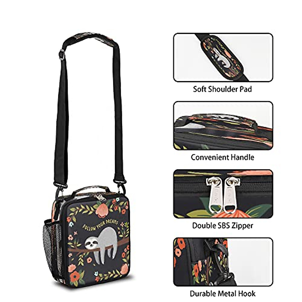 Cute Sloth Flower Print Insulated Lunch Bag Durable Leakproof Lunch Box Bento Cooler Tote Bag with Removable Shoulder Strap for Men Women Adults Girls Boys Back to School Lunchbox