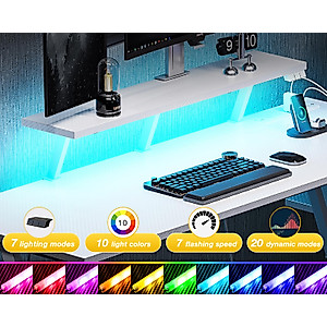 MOTPK White Gaming Desk L Shaped with LED Lights, Small Corner Computer Desk 39inch with Power Outlets, Gaming Table with PC Storage Shelf, Gamer Desk with Monitor Shelf, Carbon Fiber Texture