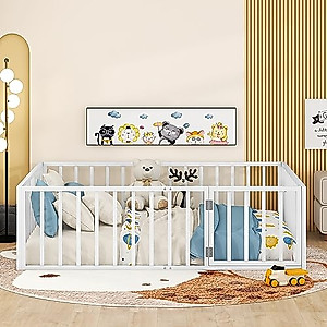 SIYSNKSI Full Size Floor Bed with Fence and Door, Metal Floor Bed Frame, Montessori Bed Platform Bed Frame for Kids Boys Girls, Easy Assembly (White + Metal-2)