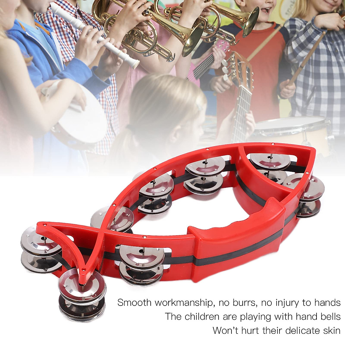 Tambourines Double Row Tambourines Fish Shaped Tambourine Hand Bell Handbell Handheld Percussion Rhythm Instrument for Party Children Adults(Red)