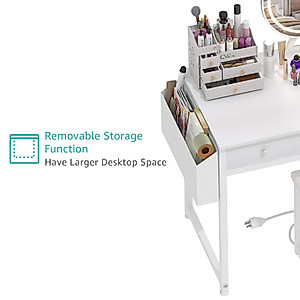 Lufeiya White Makeup Vanity Desk with Mirror and Lights, 40 inch Make Up Vanity Desks with Fabric Drawers & Power Outlet, Dressing Table and Chair Set for Girls Bedroom, White