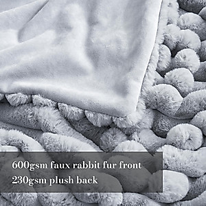 Amélie Home Soft Faux Fur Throw Blanket for Couch, Warm Luxurious Faux Rabbit Fur Striped Throw Blanket, Cozy Fluffy Plush Fur Blanket for Sofa Chair Bed Living Room, Light Grey, 50"x 70"