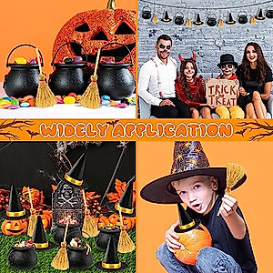 ZHWKMYP Mini Witch Hats and Brooms, 12Pcs Small Witch Hat for Crafts Kit, Witches Broom and Black Candy Cauldron Kettles for Halloween Decorations Party Supplies