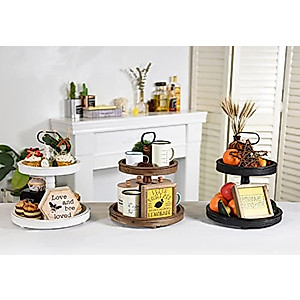 Funly mee Distressed Rustic White Wood Two-Tier Tray with Metal Handle,Decorative Organizer Tray for Kitchen Counter Top or Dining Room Table(White)