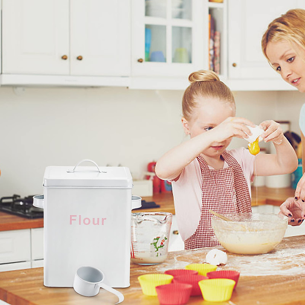 Youeon 1.5 Gallon Metal Flour Storage Container with Airtight Lid and Measuring Scoop, Square Flour Canister with Handle, White Flour Canister for Kitchen Counter, Farmhouse Decor