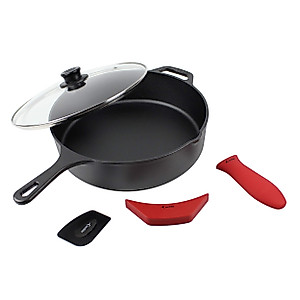 Crucible Cookware 12-Inch Cast Iron Skillet Set (Pre-Seasoned - EXTRA DEEP Sauté Pan), Including Large & Assist Silicone Hot Handle Holders, Glass Lid, Scraper | Indoor & Outdoor Use