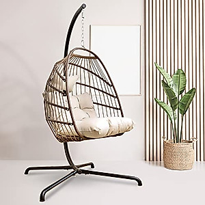 RADIATA Foldable Wicker Rattan Hanging Egg Chair with Stand, Swing Chair with Cushion and Pillow, Lounging Chair for Indoor Outdoor Bedroom Patio Garden (Brown)