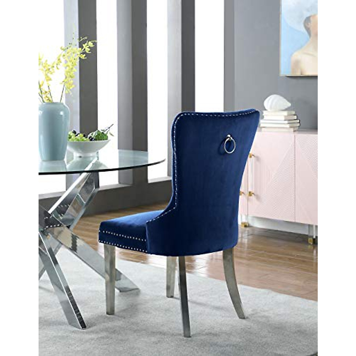 Meridian Furniture Carmen Collection Modern | Contemporary Velvet Upholstered Dining Chair with Button Tufting and Chrome Metal Legs, Set of 2, Navy, 21.5" W x 27" D x 39.5" H
