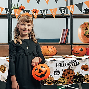 3 Pieces Happy Halloween Jack-O-Lantern Pumpkin Party Tablecloth Decorations, Plastic Rustic Jack-O-Lantern Pumpkin Table Cover Backdrop for Seasonal Fall Halloween Party Supplies, 54x108 Inch