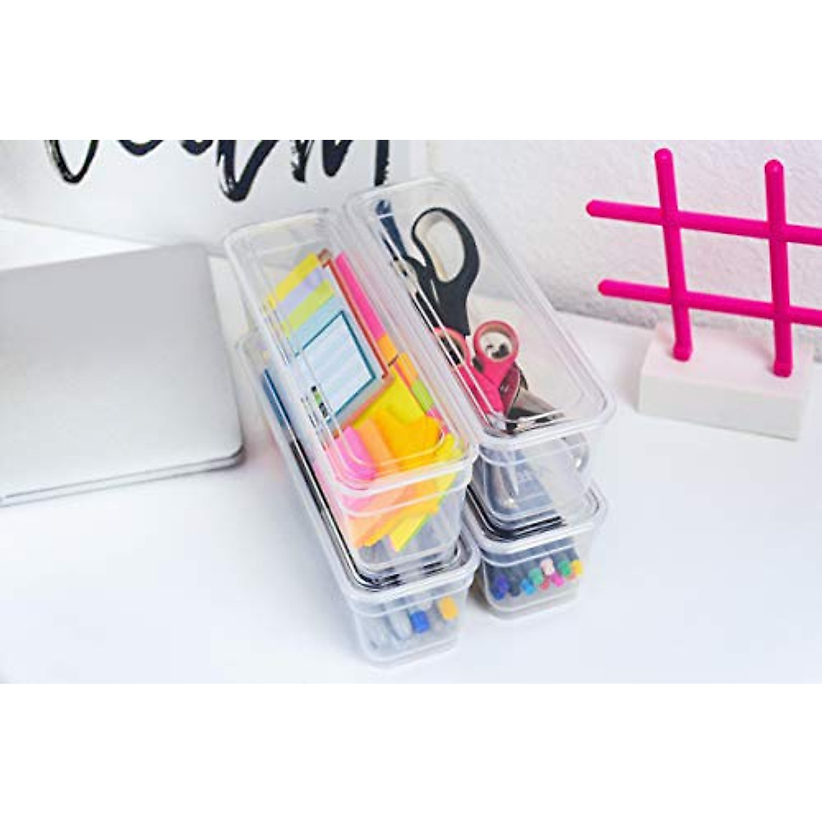 AB Designs Bin Pack, [6] Long Home Organizer Storage Boxes with Lids, Translucent Clear