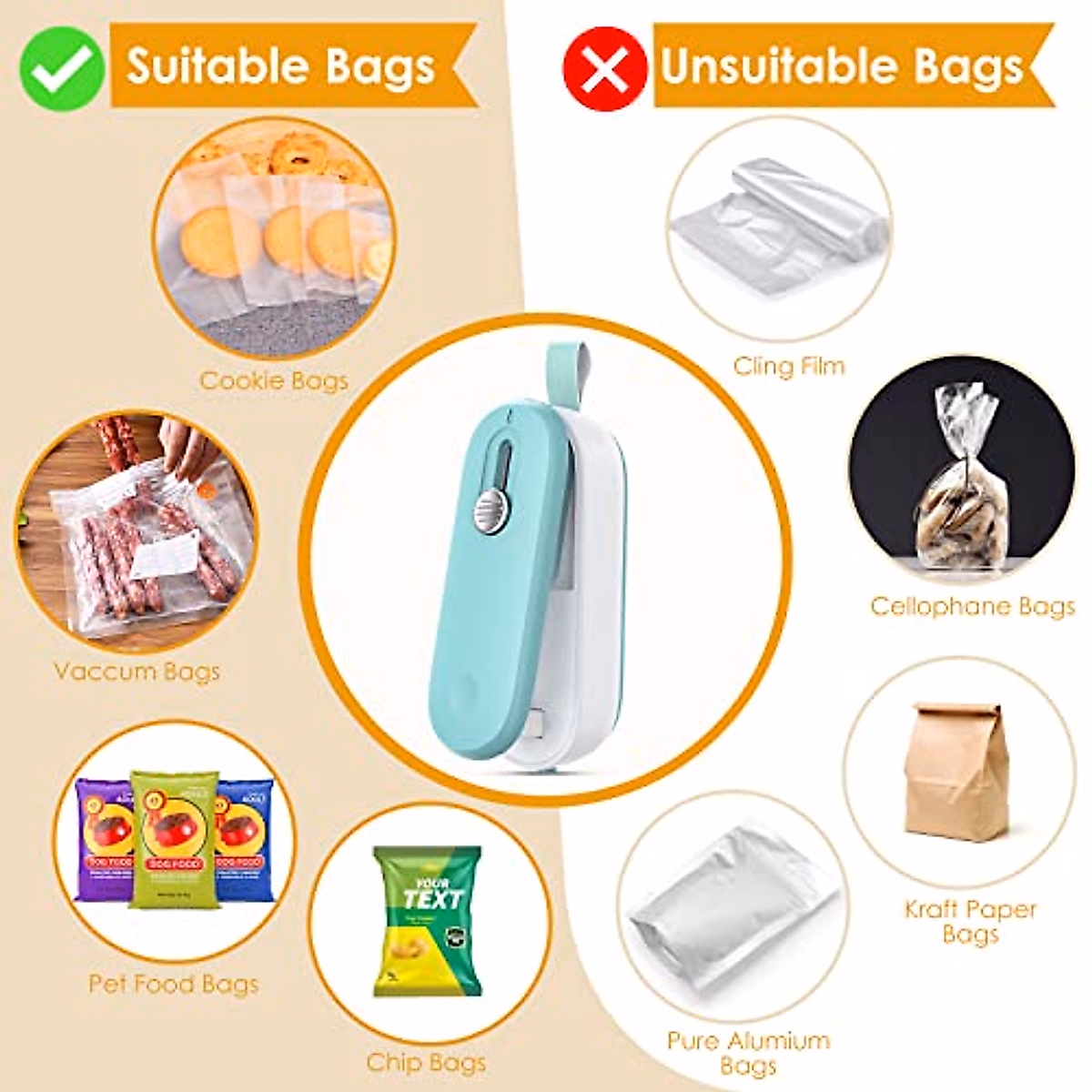 Mini Bag Sealer, Portable Heat Vacuum Sealer, 2 in 1 Heat Sealer and Cutter with Lanyard, Handheld Bag Resealer Machine for Plastic Bags Food Snack Storage (Batteries Included)