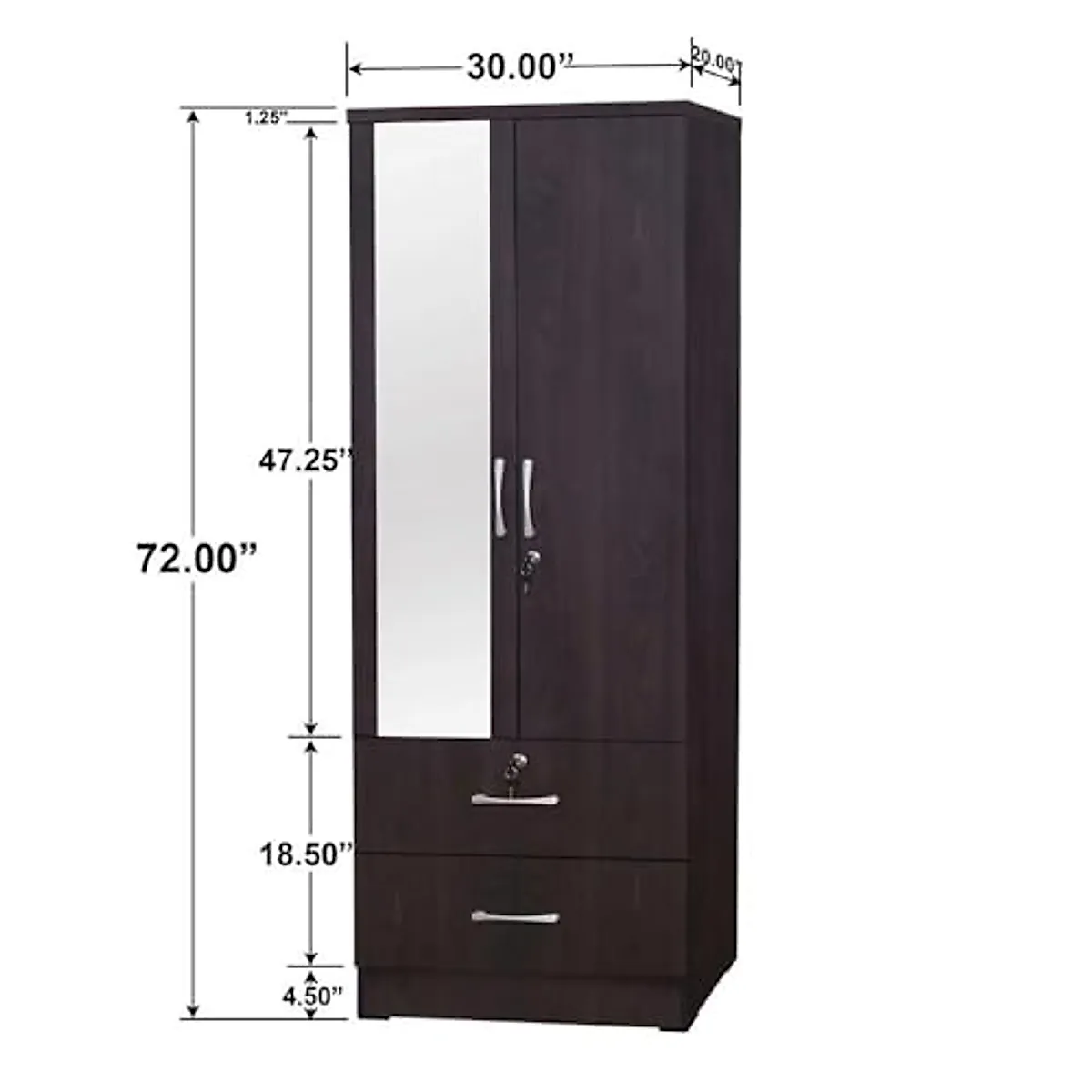 Better Home Products Carell Furniture Armoire Wardrobe with Mirror & Drawers in Tobacco