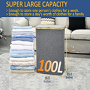 Edergoo Laundry Basket with Lid 100L, Laundry Hamper with Premium Bamboo Handle, Dirty Clothes Hampers for Laundry, 27.6" Tall Bathroom Laundry Basket Freestanding with Removable Bag, Grey