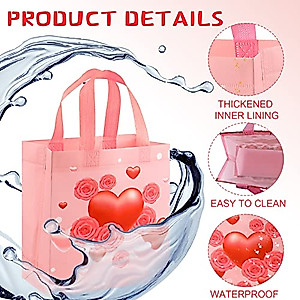 Valentines Day Gift Bags Reusable Shopping Bag Heart Rose Valentine Tote Bag Non Woven Treat Bags with Handles for Valentine's Day Wedding Party Supplies Gifts Wrapping, 9 x 8.7 x 4 Inch (16 Pieces)