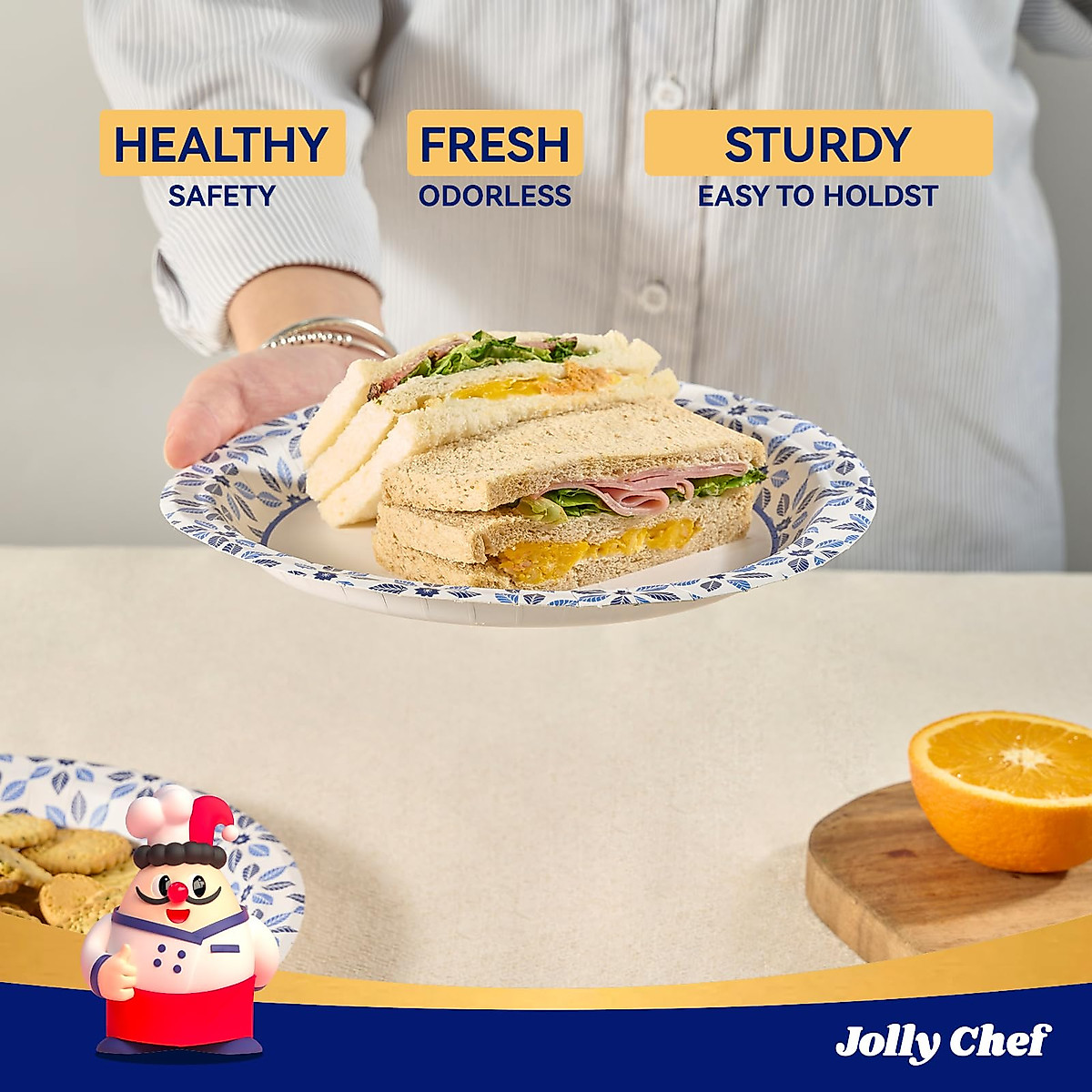 JOLLY CHEF 8.37 inch Disposable Paper Plates 140 Count Soak Proof, Cut Proof, Heavy Duty Printed Disposable Plate for Everyday Use