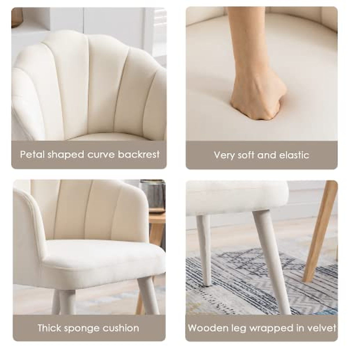 chairus Velvet Dining Chairs Set of 2, Upholstered Mid-Century Modern Living Room Chairs Comfy Accent Armchairs for Bedroom Kitchen Vanity with Petal Back & Fabric Covered Wooden Legs, Cream