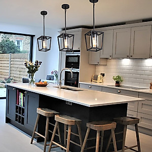 SGLfarmty Black Pendant Lights Kitchen Island, 1-Light Light Fixtures, Farmhouse Island Lighting, Metal Cage Hanging with Glass Shade for Hallway, Entryway