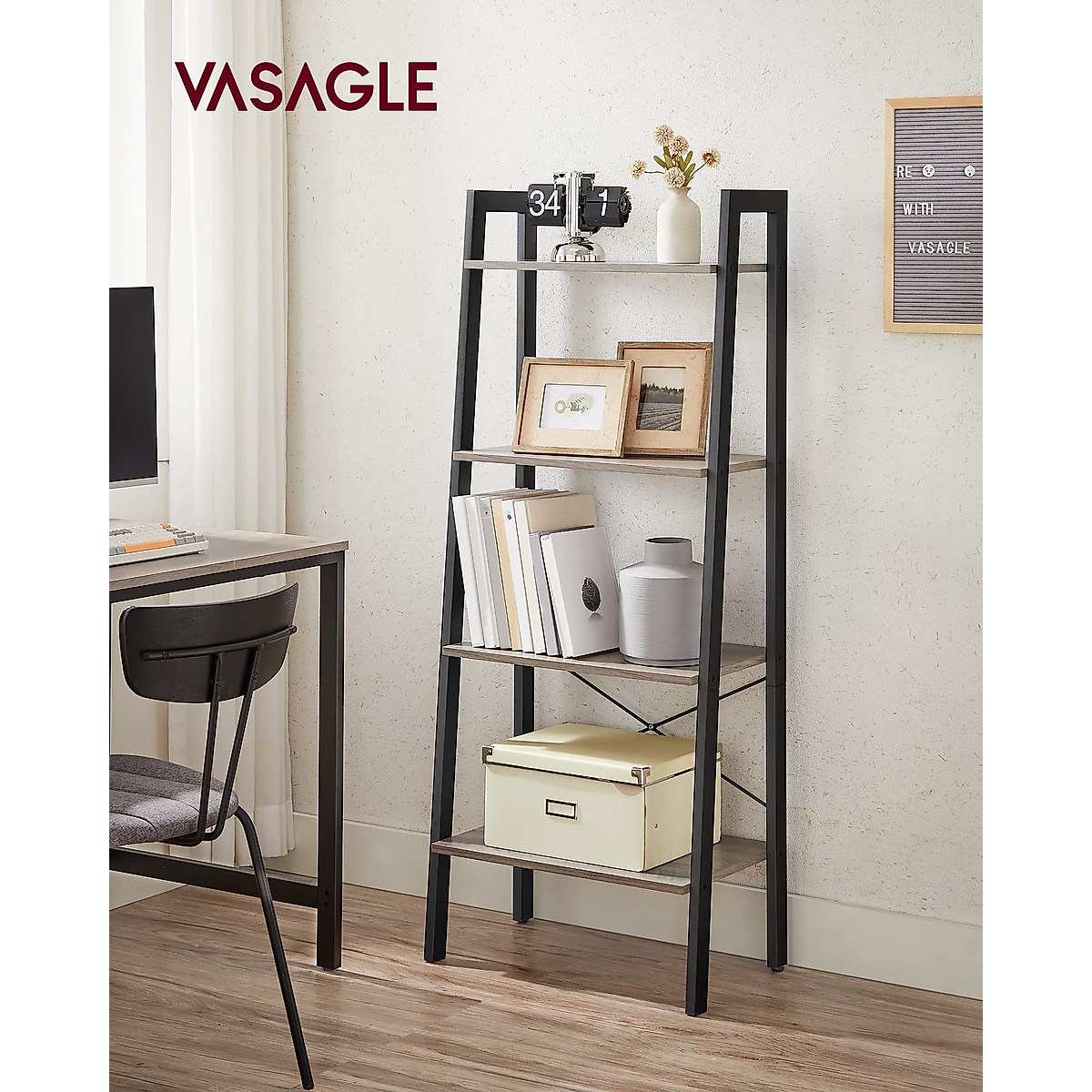 VASAGLE Ladder Shelf, 4-Tier Bookshelf, Storage Rack, Bookcase with Steel Frame, for Living Room, Home Office, Kitchen, Bedroom, Industrial Style, Greige and Black ULLS44MB