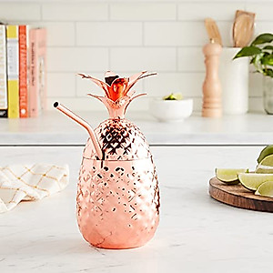 Oggi Stainless Steel Pineapple Cup with Straw & Lid- 12oz Copper Plated Metal Pineapple, Bar Accessories for Summer, Cocktail Cups Make Great Drinking Gifts