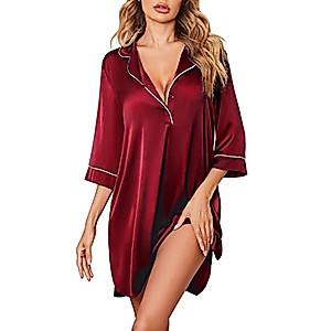 Ekouaer Sexy V Neck Satin Nightgowns Silk 3/4 Sleeve Sleepshirt Button Down Boyfriend Nightshirt Bridesmaid Sleepwear Wine Red L