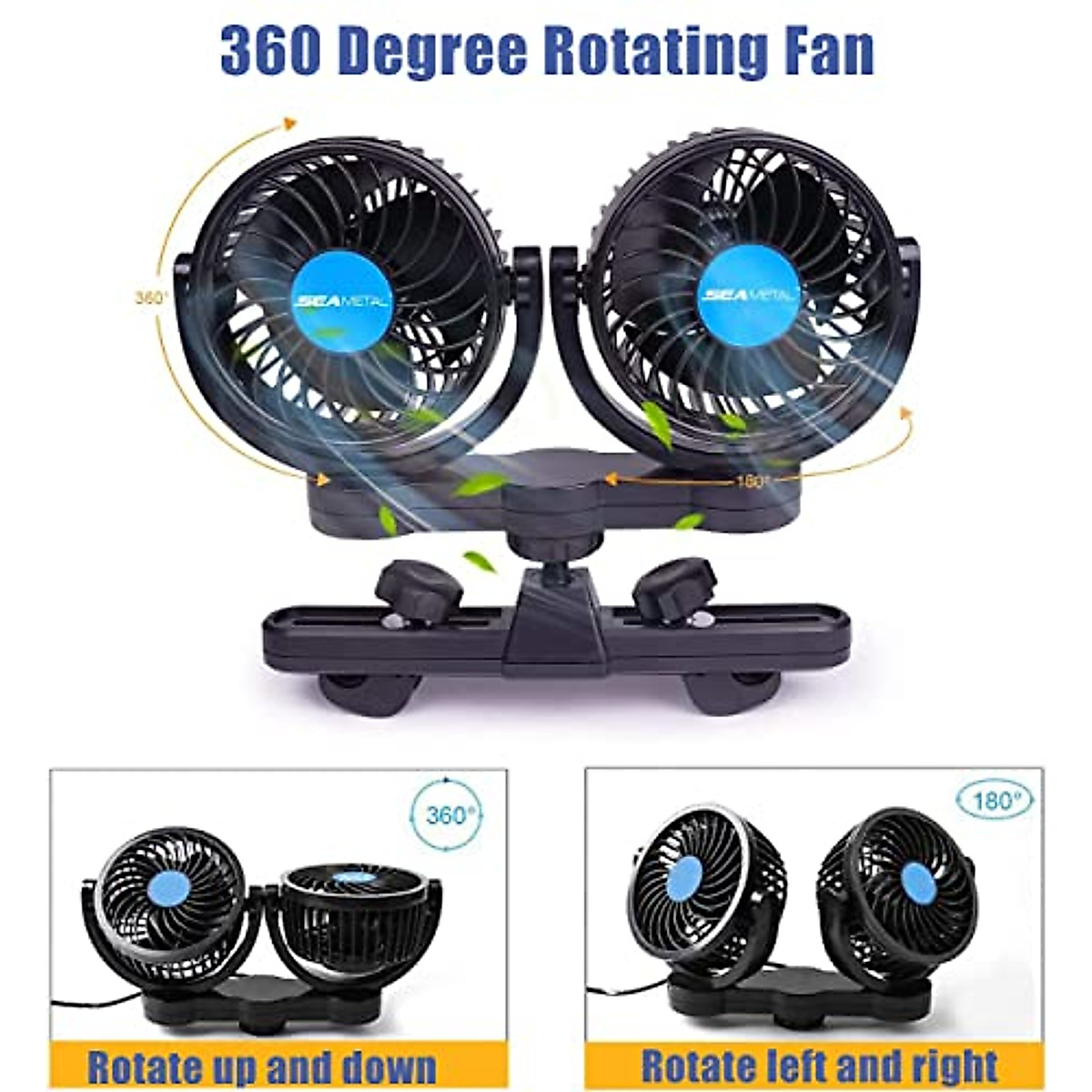 SEAMETAL Car Fan for Back Seat, Car Seat Fan Cigarette Lighter, Fan for Car 12V Headrest Black 4inches (Clip+Hook)