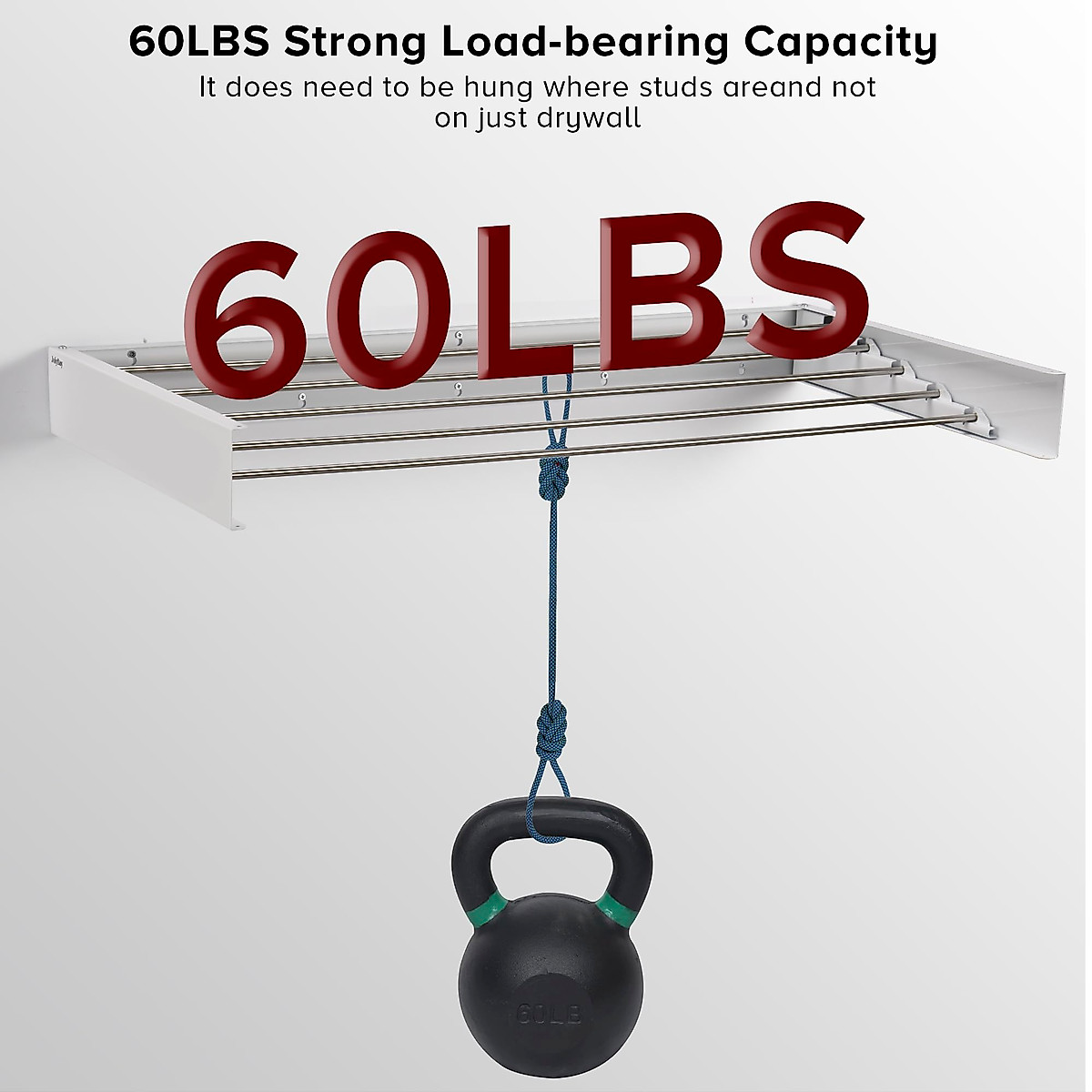 JolyBay Wall Mounted Laundry Drying Rack, Retractable Clothes Drying Rack for Bathroom with Wall Template, 5 Stainless Rods Heaving 60 lb Capacity (White, 40")