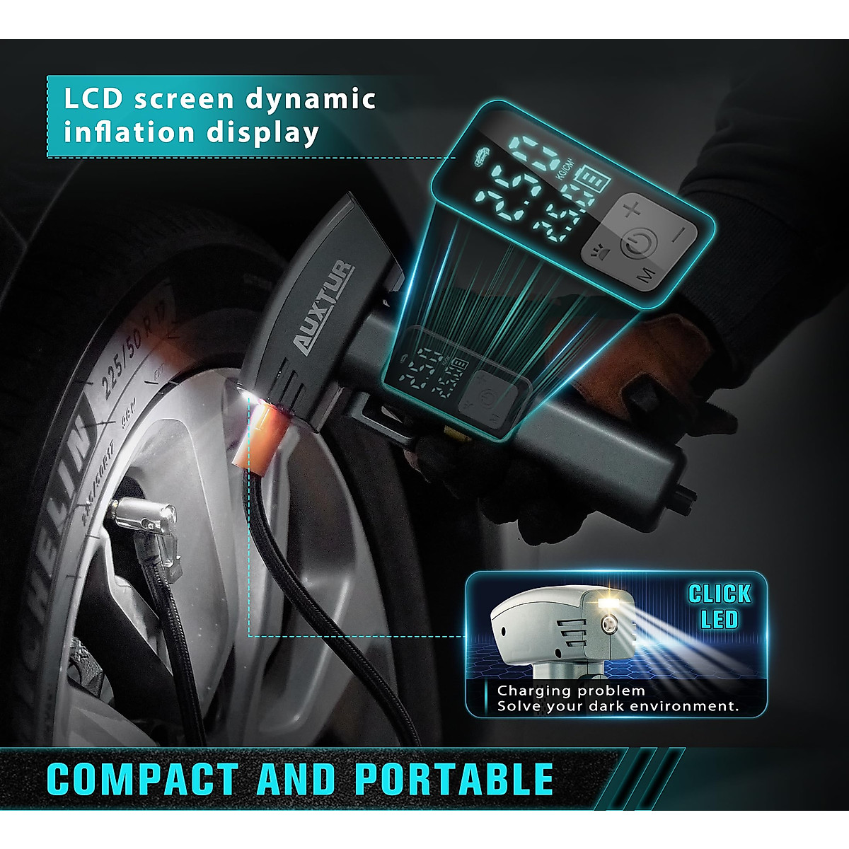 AUXTUR 6IN1 Vehicle Tire Inflator Portable Air Compressor|Escape Tool with Safety Hammer and Seat Belt Cutter|Car Tire Air Pump with LED Light|Digital Tire Pressure Gauge|Car Accessories for Emergency