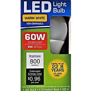 1 Led Energy Saving LED Light Bulbs 120v 60w/8w A19 Medium Base Warm