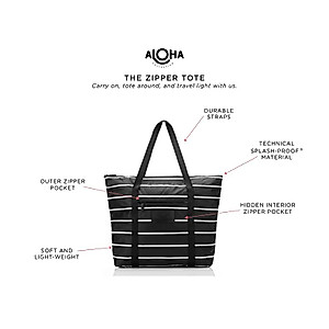 ALOHA Collection Pinstripe Zipper Tote in White on Black