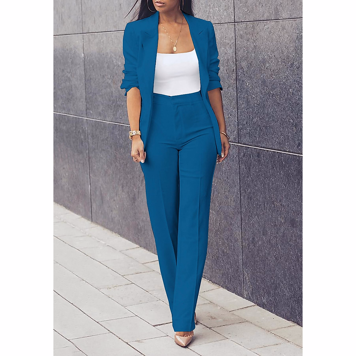 HuiSiFang Business Suit Set for Women Office Outfits Blazer Jackets + High Waist Straight Leg Pants