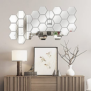 FUNCSDIK Hexagon Mirror Wall Sticker 12 Pieces Acrylic Mirror Three-Dimensional Wall Stickers for Living Room Entrance Hallway Stairs Personalized Decorative Mirror Stickers (Hexagon Mirror)