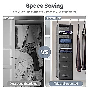 HAITRAL Hanging Closet Organizer - 6-Shelf Hanging Storage Shelves with 3 Drawers & Side Pocket - Multi-Function Foldable Cube Wardrobe for Home, Dorm, Apartment