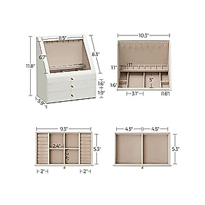 SONGMICS Jewelry Box with Slanted Glass Window, 3-Layer Jewelry Organizer, 2 Drawers, Jewelry Storage, Modern Style, Window Display, Cloud White UJBC163W01