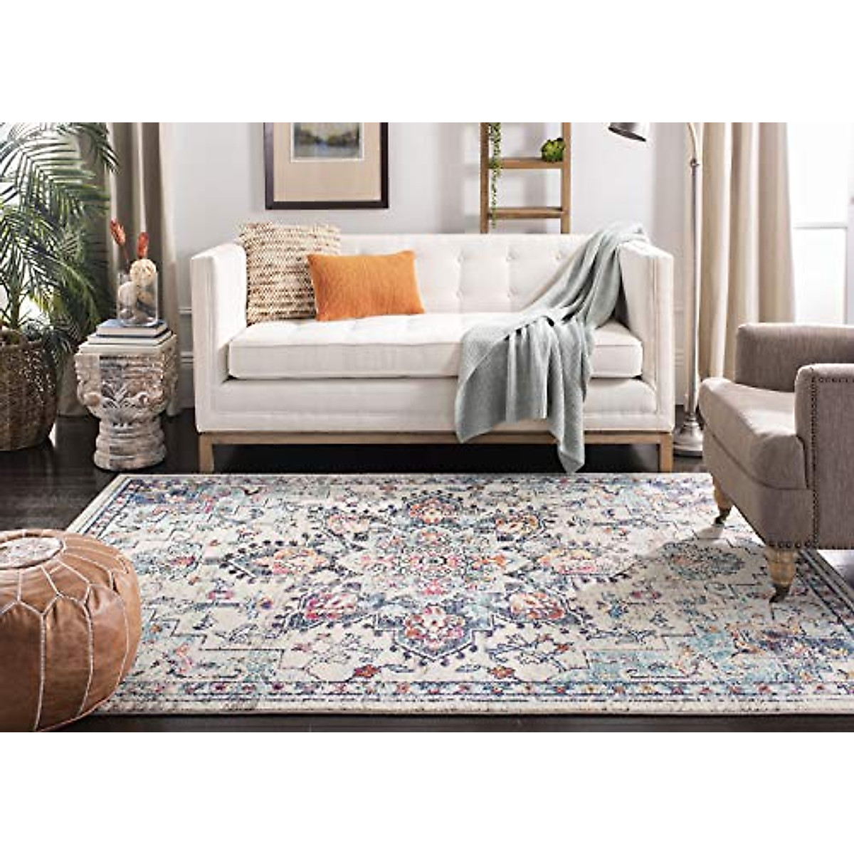 SAFAVIEH Madison Collection 8' x 10' Cream/Blue MAD473B Boho Chic Medallion Distressed Non-Shedding Living Room Bedroom Dining Home Office Area Rug
