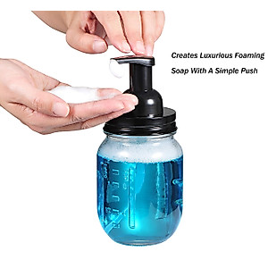 Amolliar Mason Jar Foaming Soap Dispenser Pump, Plastic Foam Soap Pump Rustproof Stainless Steel Lid, Refillable Hand Soap, Waterproof Labels, Cute Farmhouse Decor, Bathroom Accessories, Black 2 Pack