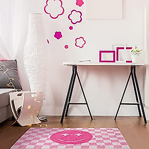 Pink Smile Face Rug Preppy Buffalo Check Plaid Contemporary Funny Rug Checkered Carpet Preppy Room Decor Reversible Rug for Living Room Bedroom Dormitory Front Porch Hallway Farmhouse, 1.97 x 3.28 ft