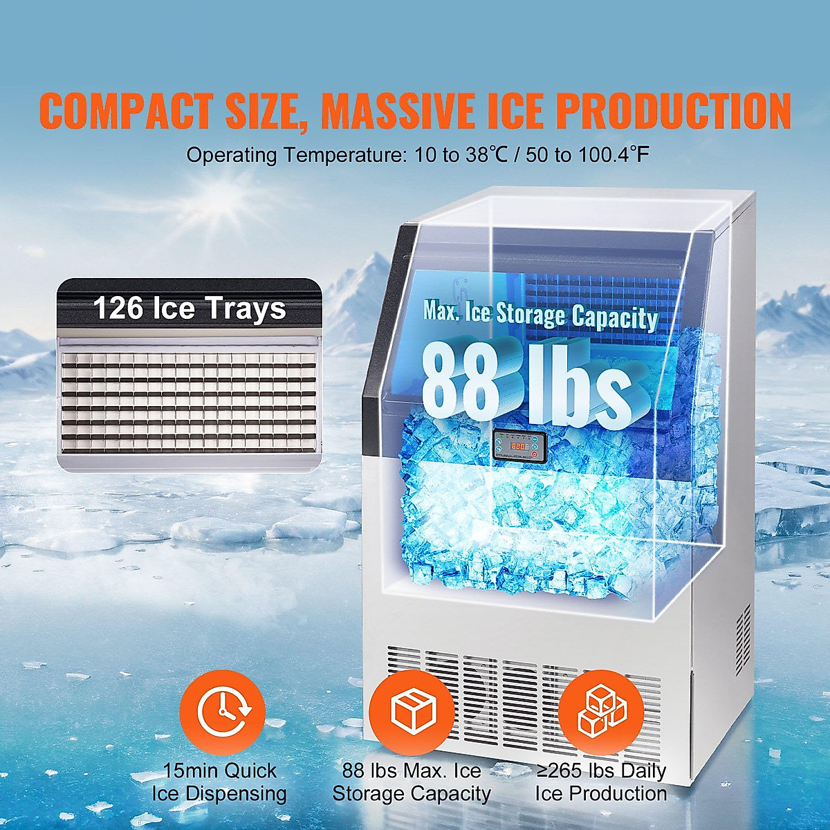 Commercial Ice Maker, 265lbs/24H, Ice Maker Machine, 126 Ice Cubes in 12-15 Minutes, Freestanding Cabinet Ice Maker with 88lbs Storage Capacity LED Digital Display (Electric Drainage, 265lbs/day)