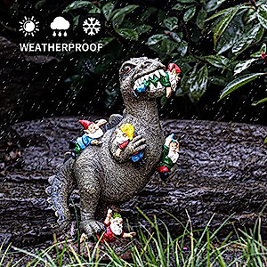 SOWSUN Garden Gnome Statues Outdoor Decor, 14” Dinosaur Gnomes Garden Art Outdoor for Fall Winter Garden Decor, Outdoor Statue for Patio, Lawn, Yard Decoration, Housewarming Garden Gift
